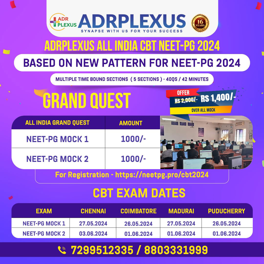 ADRPLEXUS All India CBT NEET-PG 2024 Grand Quest - ADrPLEXUS NExT / INICET ADRPLEXUS All India CBT NEET-PG 2024 Grand Quest - ADrPLEXUS NExT / INICET